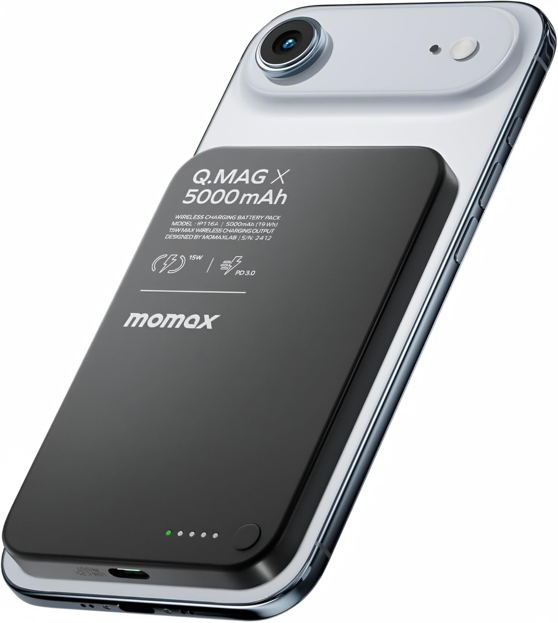 Внешний магнитный аккумулятор с беспроводной зарядкой Momax Q.MAG X Ultra Slim 8.3 mm, 5000 mAh, Qi 15W / PD20W, Black