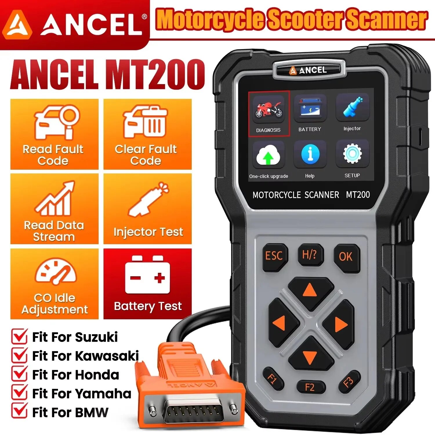 Сканер OBD2 для мотоциклов ANCEL MT200, тестер инжектора, система диагностики OBD 2 для всех систем мотоциклов для Harley, Yamaha, Honda, Kawasaki
