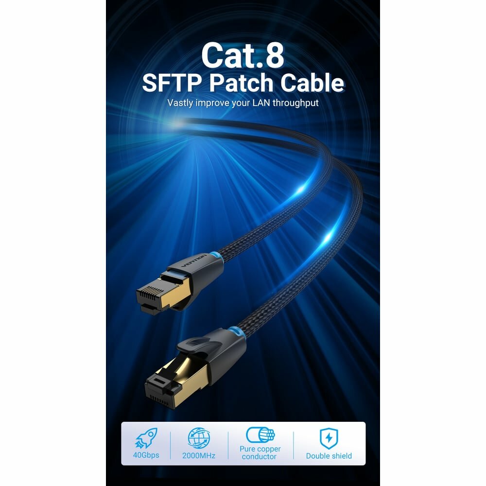 Прямой патч-корд VENTION SFTP cat.8 RJ45 - 5м. Черный Тканевая оплетка IKGBJ — фото 1