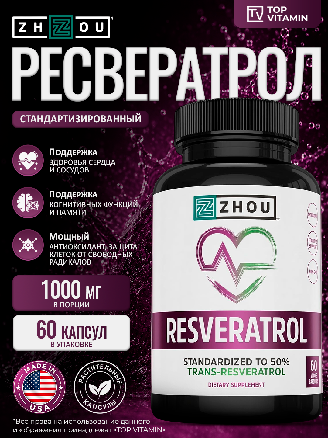 Zhou Nutrition Resveratrol Ресвератрол 1000 мг, 60 капсул / США