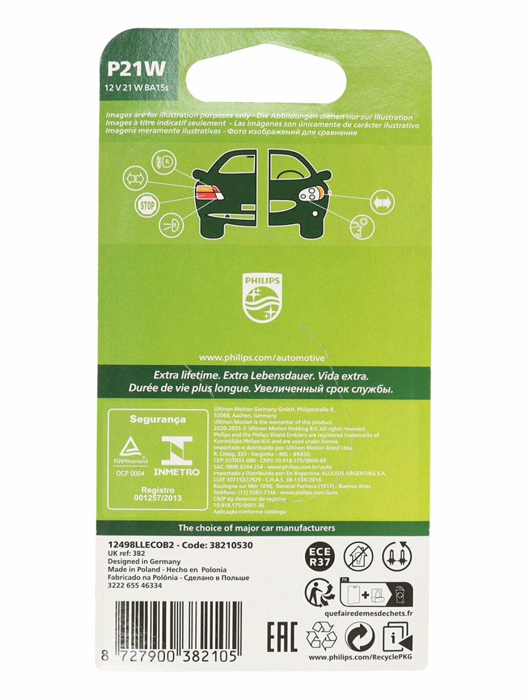 Лампа подсветки Philips 12498LLECOB2 P21W 12V 21W Long Life, блистер, 2