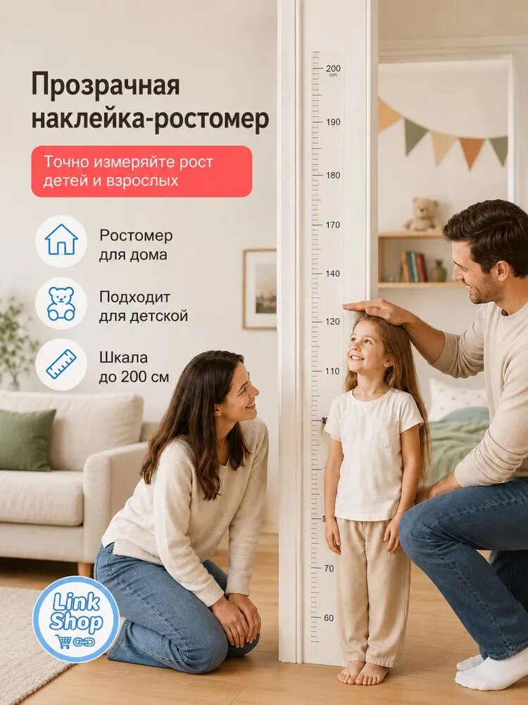 Ростомер детский на прозрачной пленке унисекс, наклейка на стену для отметок роста 200 см, для мальчика и девочки