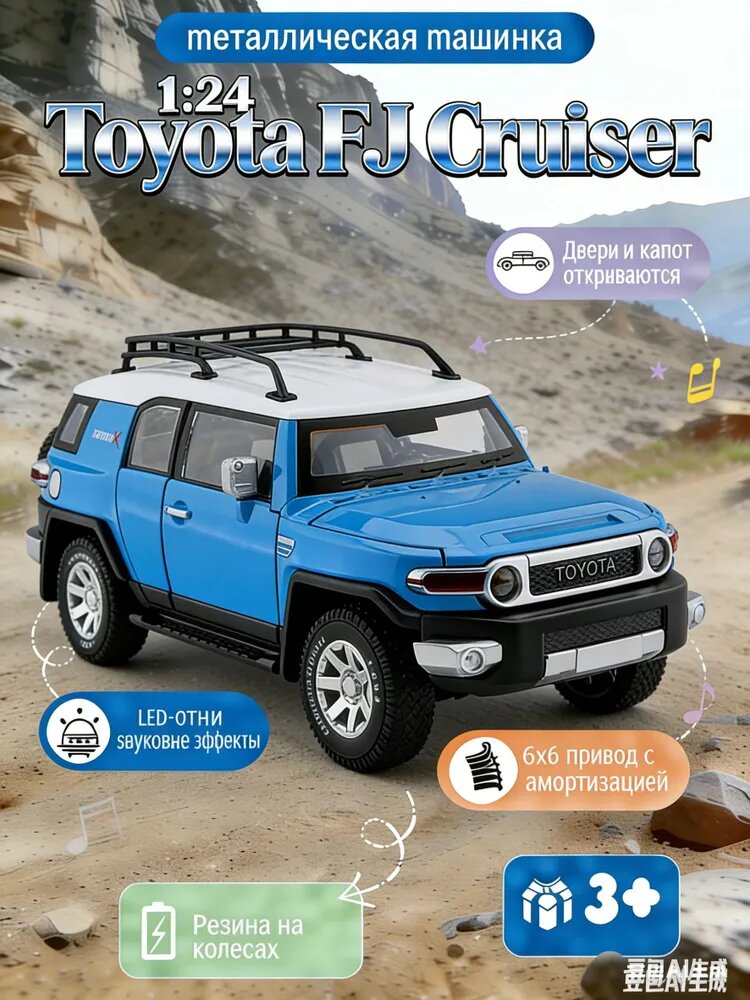1:24 Модель Toyota FJ Cruiser из металла машинка со светом, звуком, инерцией, открываются двери (без коробки)