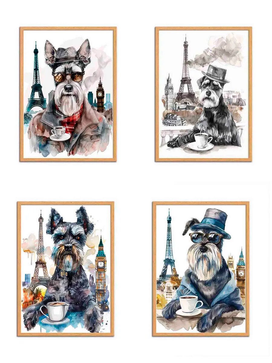 Стандартный шнауцер Гангстер пьёт кофе, 4 Плаката, 30x21см