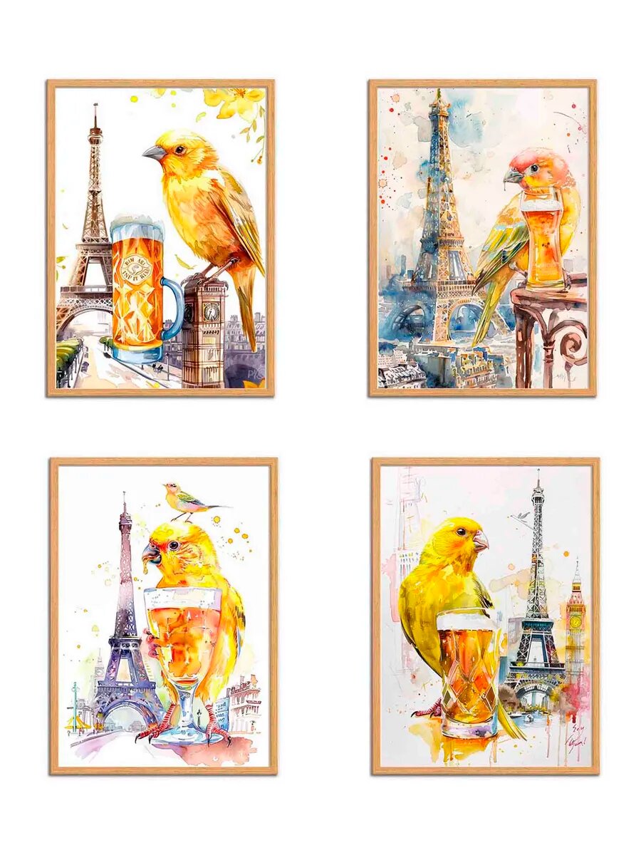 Канарейка Пьет Пиво, 4 Плаката, 30x21см