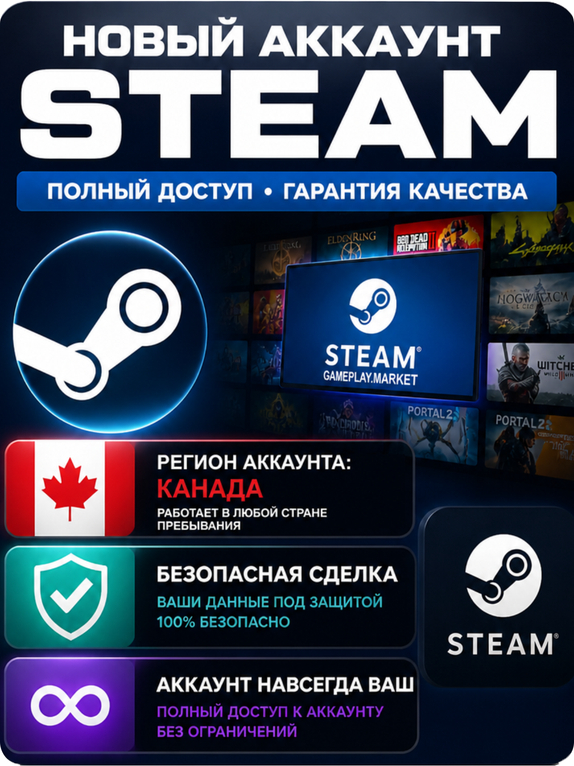 Новый Стим аккаунт Канада (CA) - Автовыдача - Полный доступ - Смена ваших данных