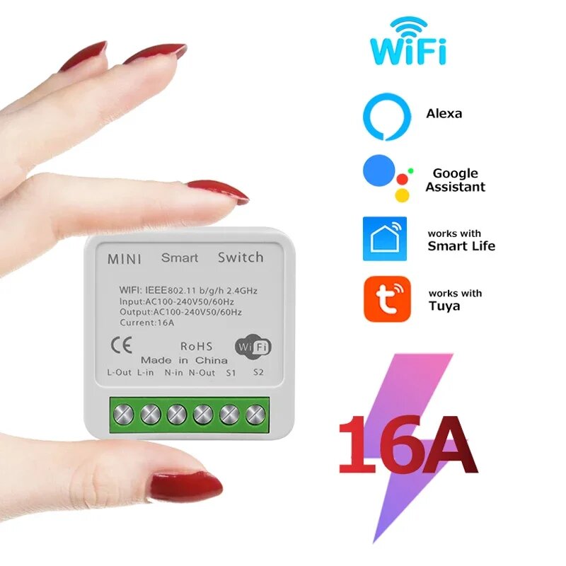 Умный Выключатель ZigBee WiFi Tuya 16А, Мини-реле, Двухстороннее Управление, 16A WiFi switch