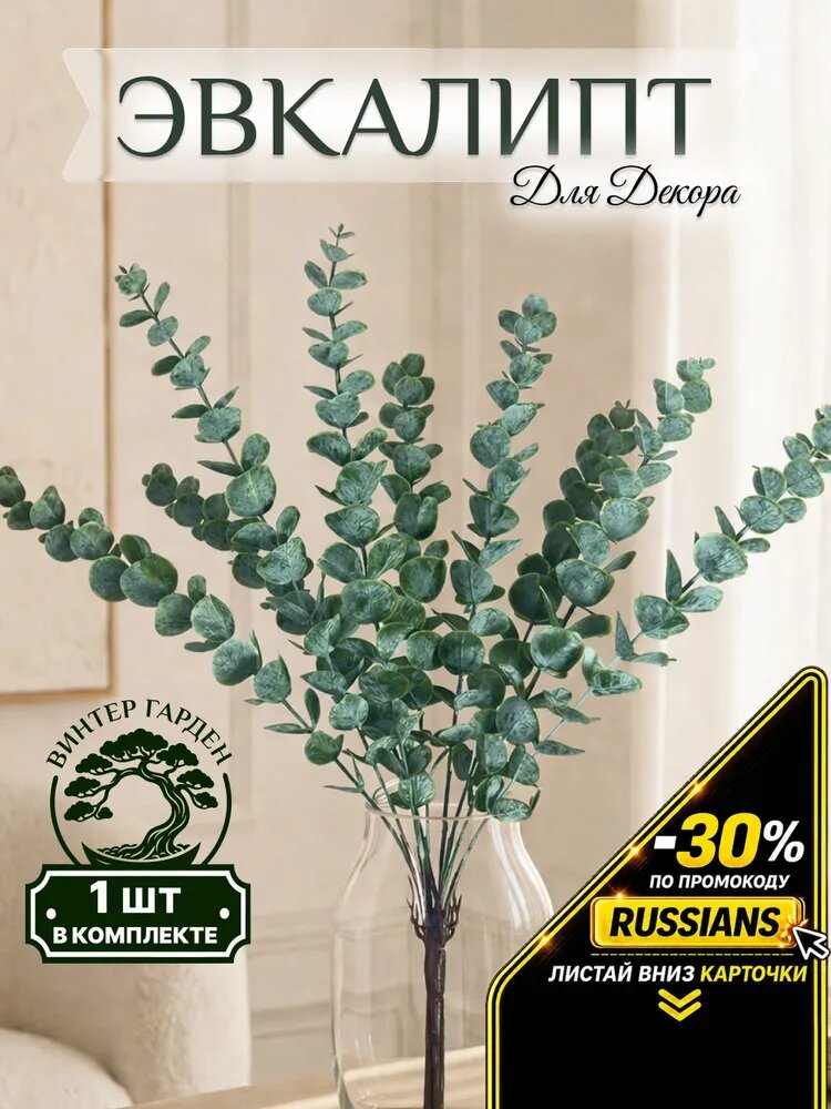 Искусственные цветы для декора. Винтер Гарден, Ветка эвкалипта 1 шт