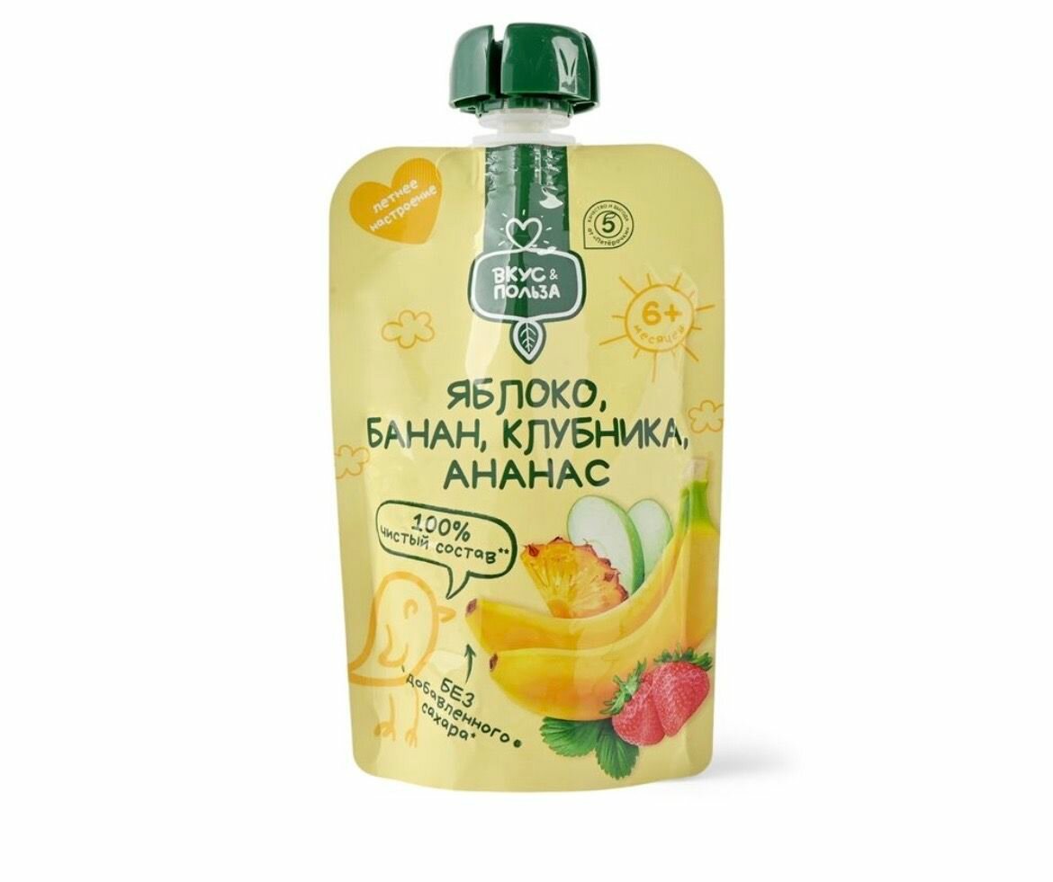 Пюре вкус & польза из яблок, бананов, клубники и ананасов , 90 г * 5 шт.