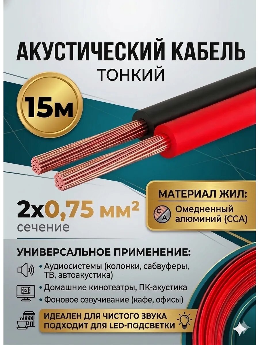Акустический кабель (2х0.75) 15 метров"