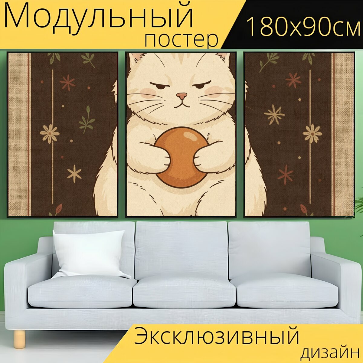 Модульный постер "Белый кот с круглым предметом. Милый пушистый питомец в мультяшной стилистике держит оранжевый шар, вокруг." 180 x 90 см. для интерьера на стену в тубусе