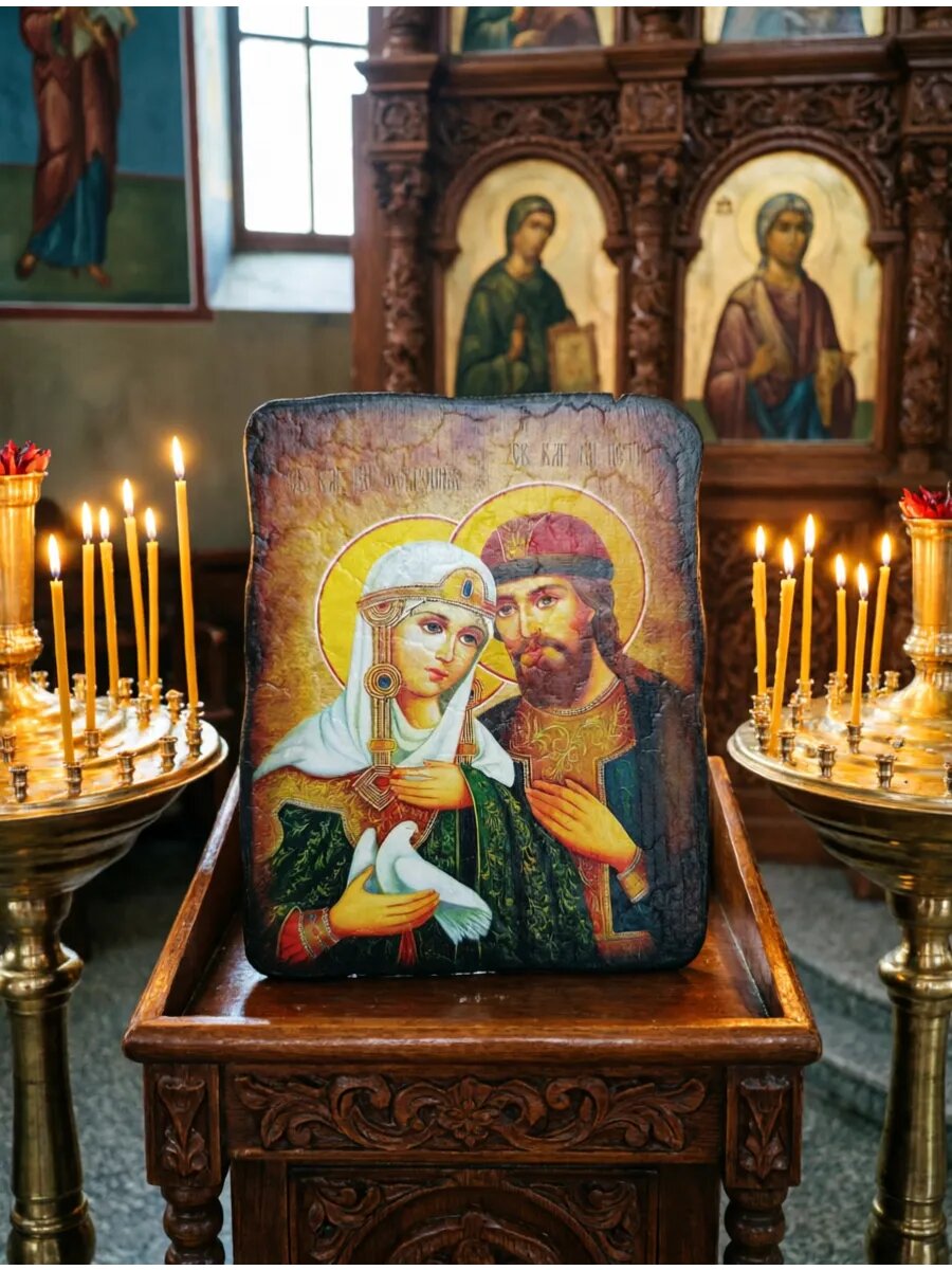 Икона Петр и Феврония Муромские на дереве под старину
