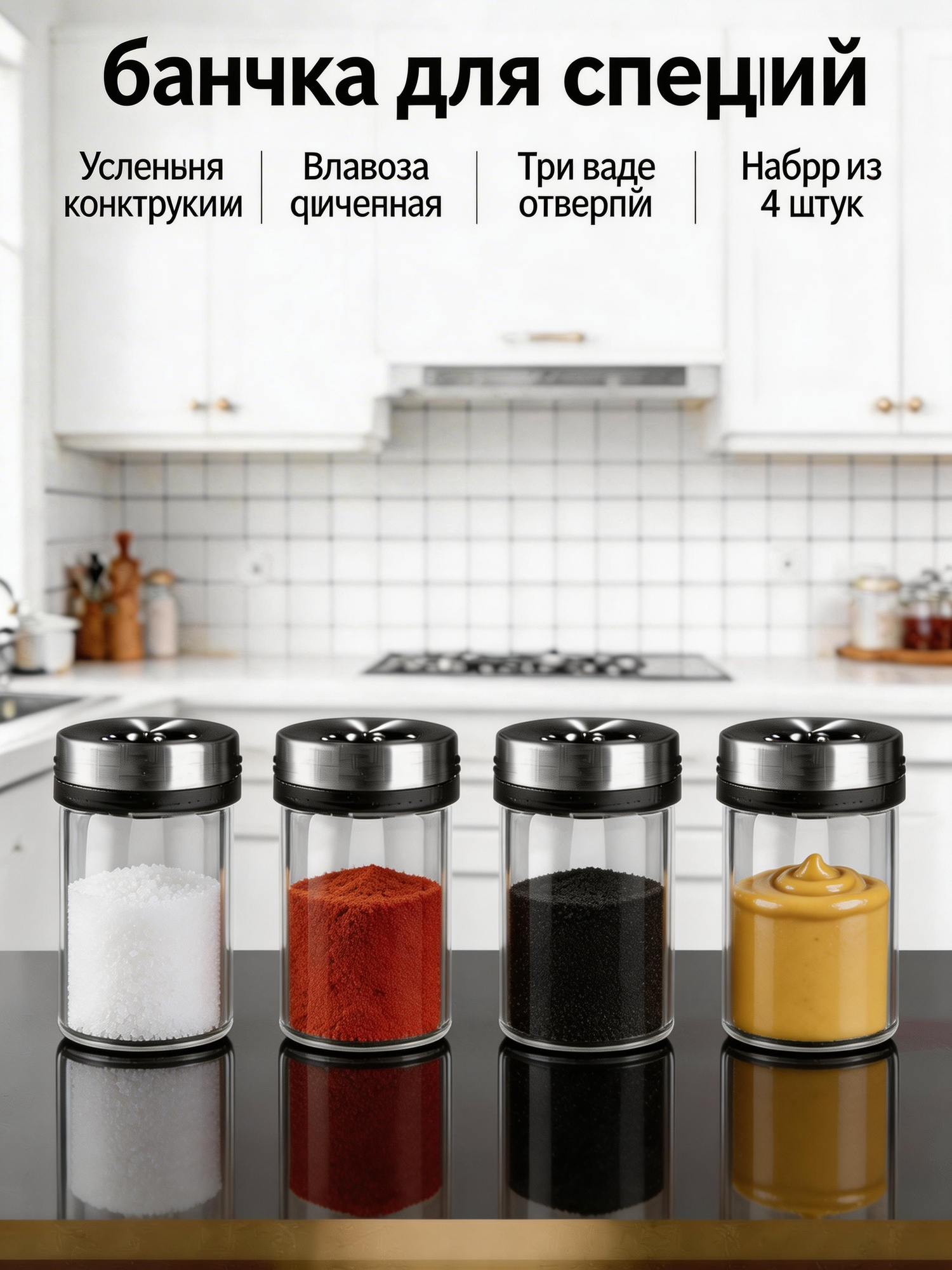 Дозаторы для специй из стекла и нержавеющей стали, поворотные, 4шт, кухонные
