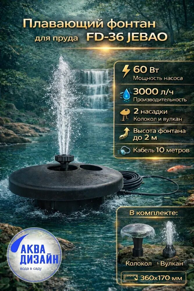 Плавающий фонтан Jebao FD-36, для пруда, 3000 л/ч, с 2 насадками