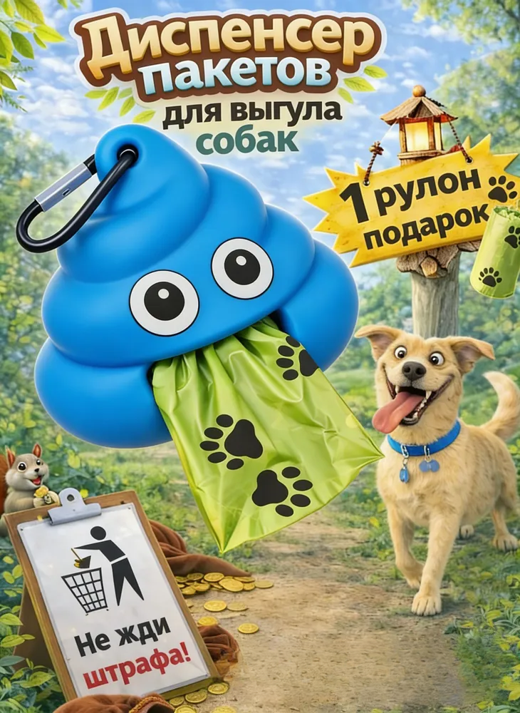 Диспенсер для гигиенических пакетов для животных с мусорными пакетами. Содержит 1 рулон мешка для мусора