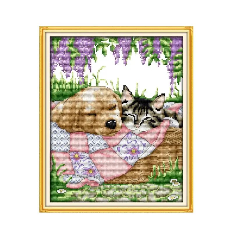 Набор для вышивки крестом «Спящий кот и собака», 14ct print canvas