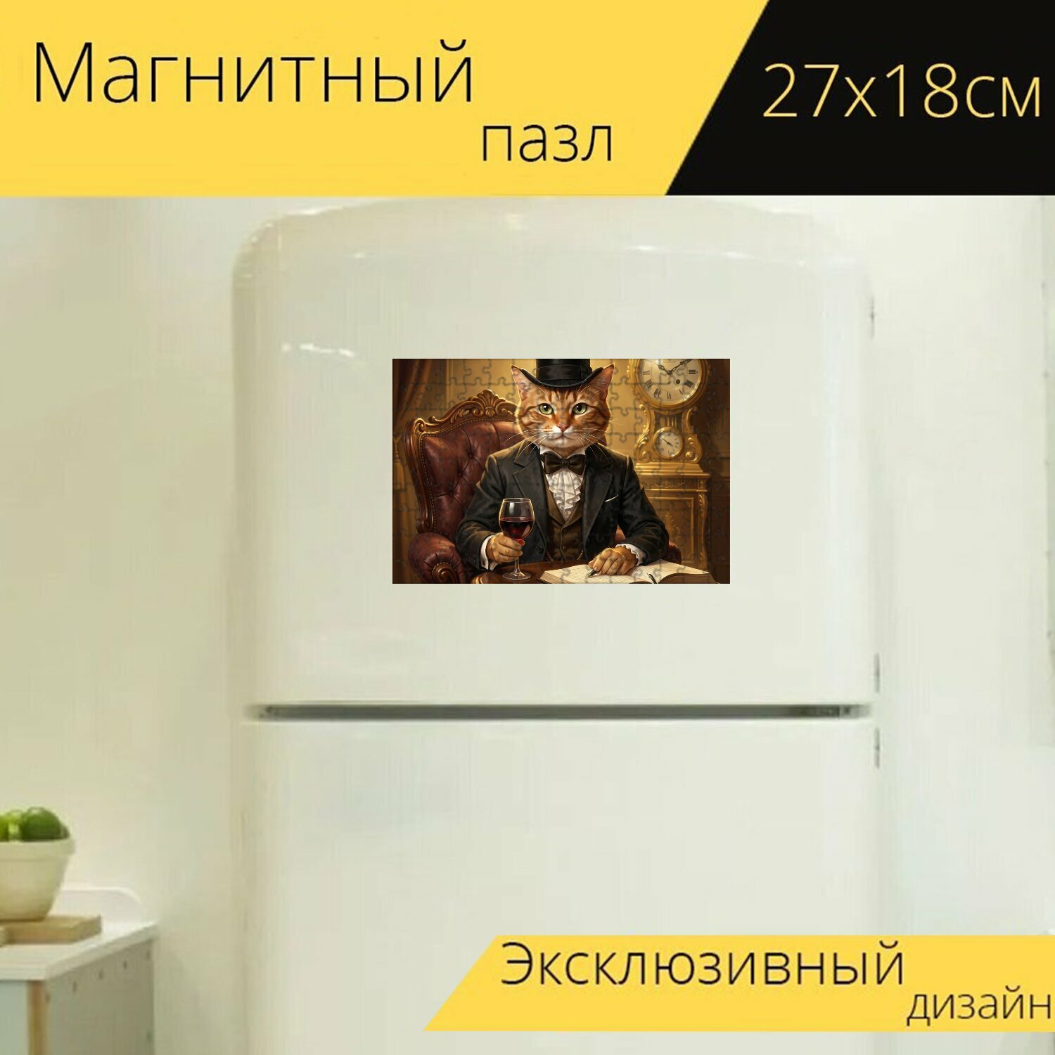 Магнитный пазл "Аристократичный кот с часами. Роскошный антропоморфный кот в цилиндре и смокинге за столом с книгой и бокалом вина, тёплая золотая." на холодильник 27 x 18 см.