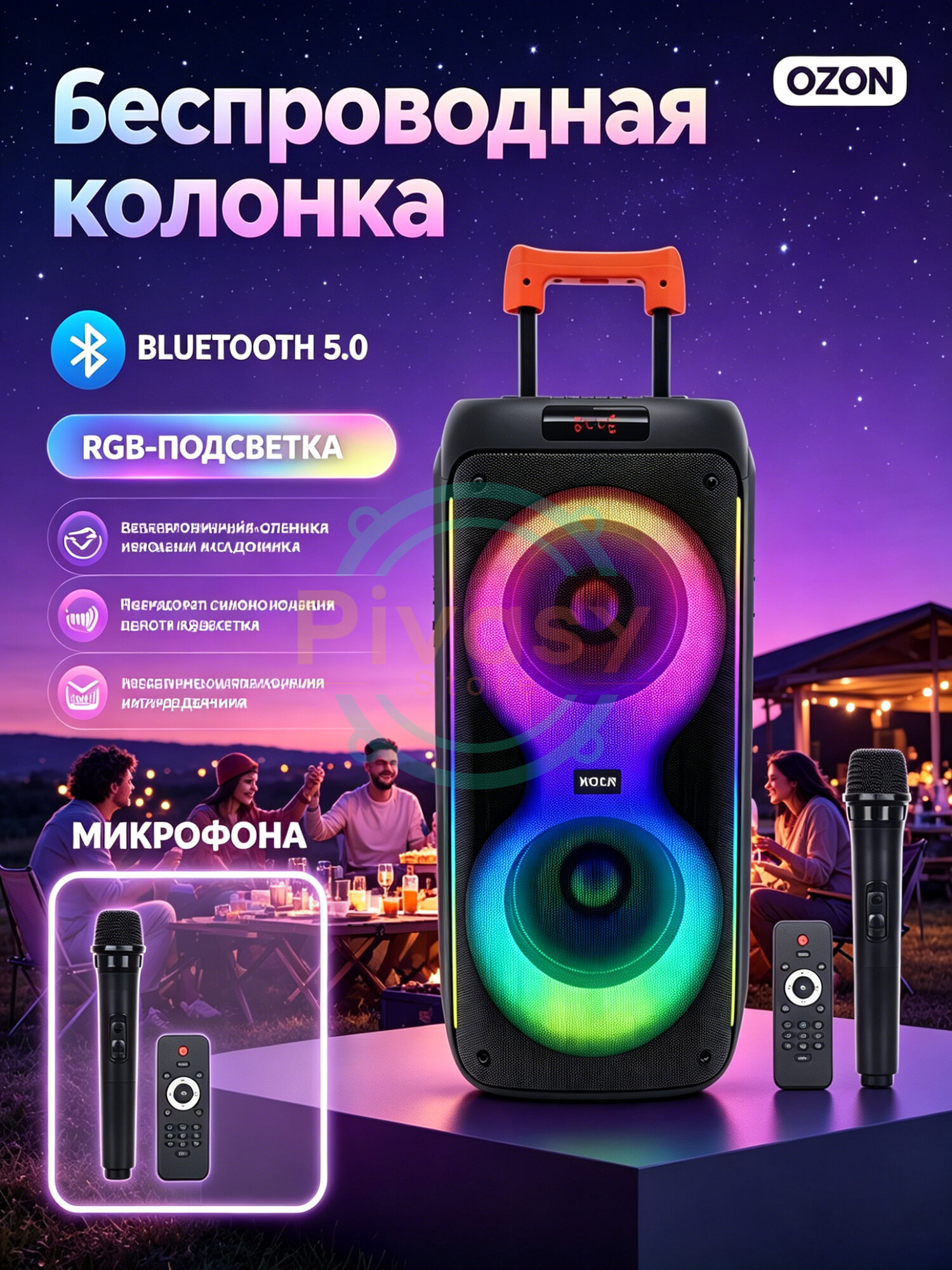 Двойная 8-дюймовая колонка для вечеринок с подсветкой RGB, перезаряжаемой батареей, Bluetooth 5.2, картой AUX/TF