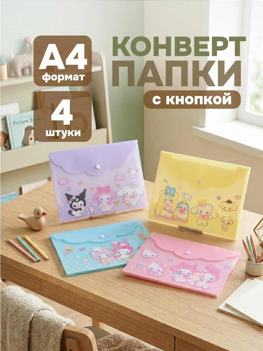 Папка-конверт на кнопке для документов и бумаг А4, набор 4 штук