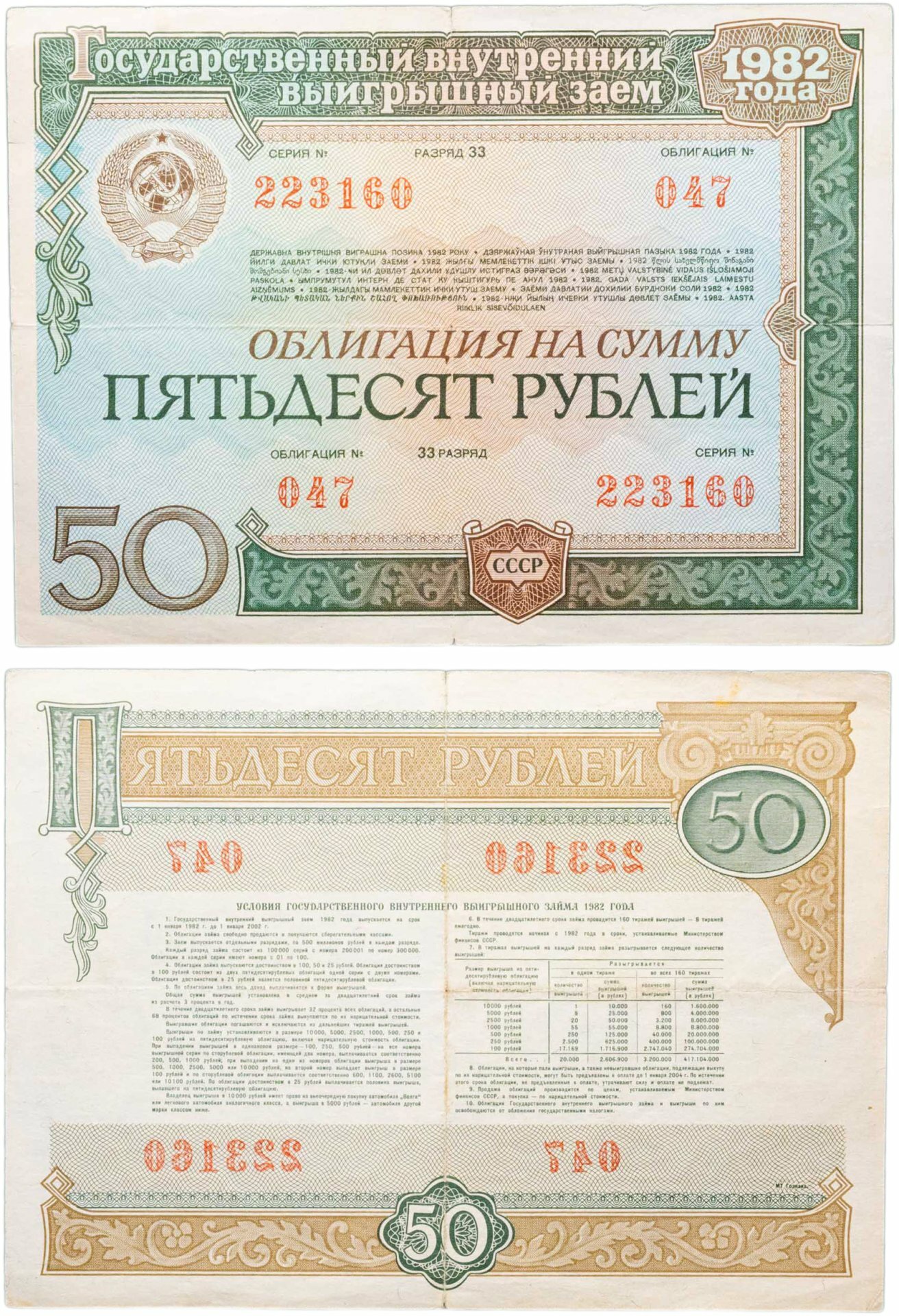 Облигация 50 рублей 1982 Государственный внутренний выигрышный заем СССР