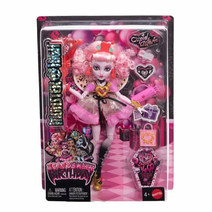 Кукла Monster High Scary Sweet Birthday Cupid Asteria в праздничном платье с воздушным шариком и подарком