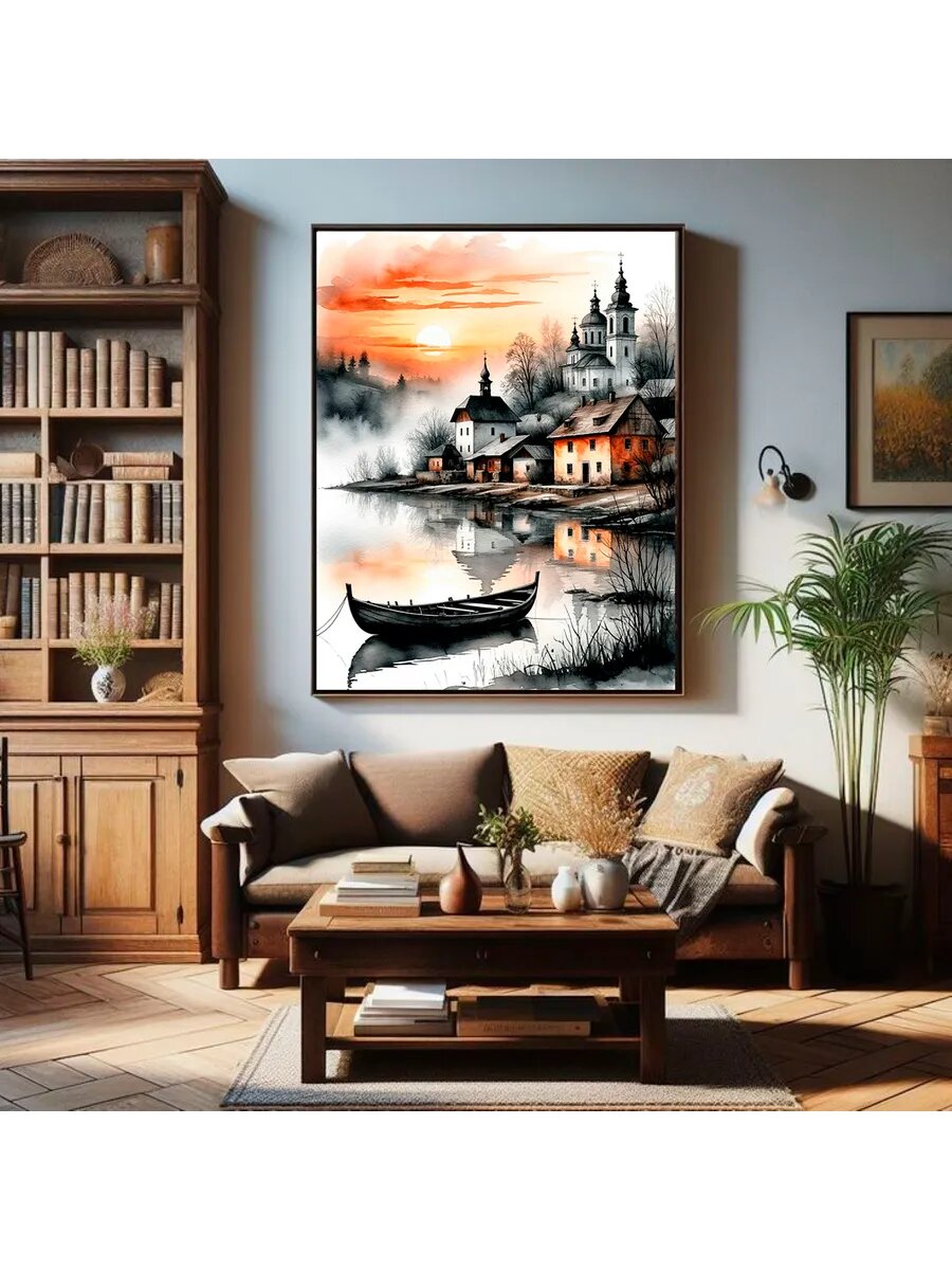 Картина на стену для интерьера Храм у реки 40х50
