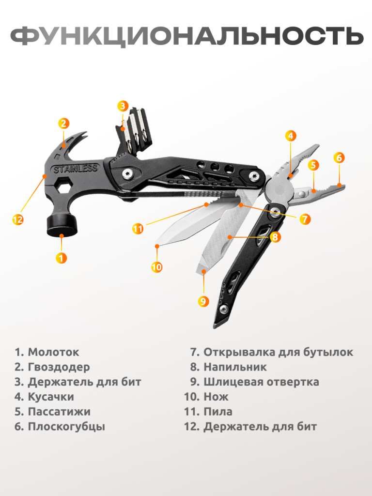 Мультитул SUNTEK Multitool Hammer With Bit Set (MQ042), 12 инструментов — фото 1