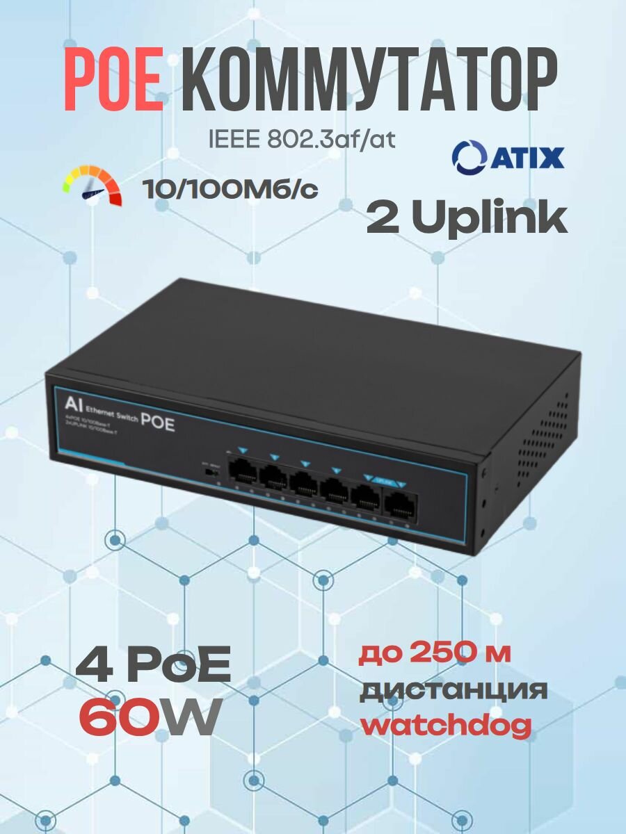Коммутатор 4 POE порта (802.3 af/at), +2 Uplink порта 10/100 Мбит/с (свитч).