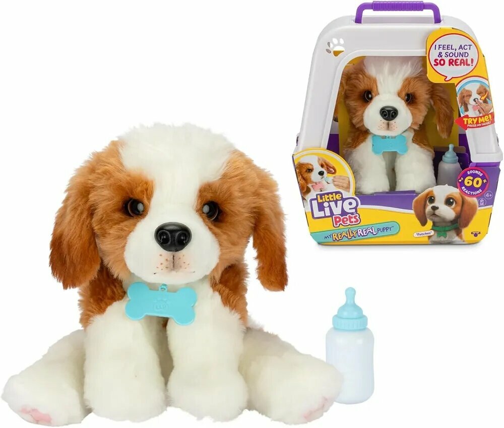My Really Real Puppy, Игрушка для питомца, 50 звуков и реакций, щенок с мягкой шерстью и закрывающимися глазами, коробка для переноски и бутылочка.