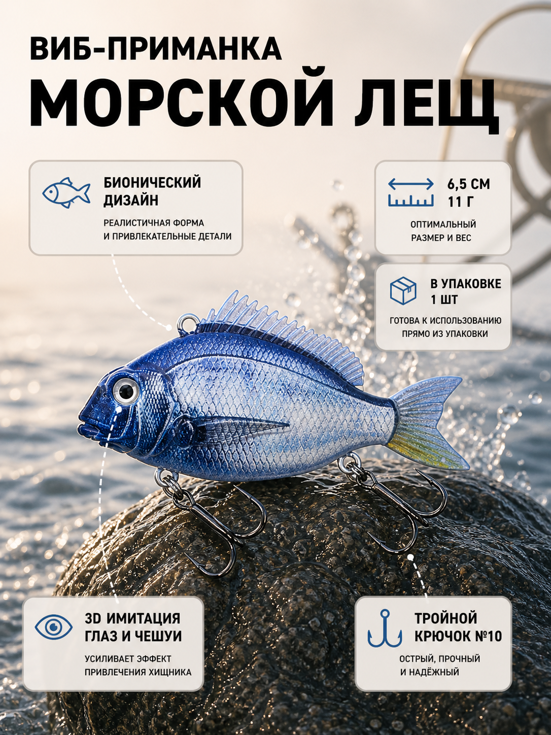 Рыболовная 3D вибрационная виб-приманка (VIB), имитация морского леща, тонущая для дальнего заброса, с тройным крючком 6,5 см/11 г, синяя