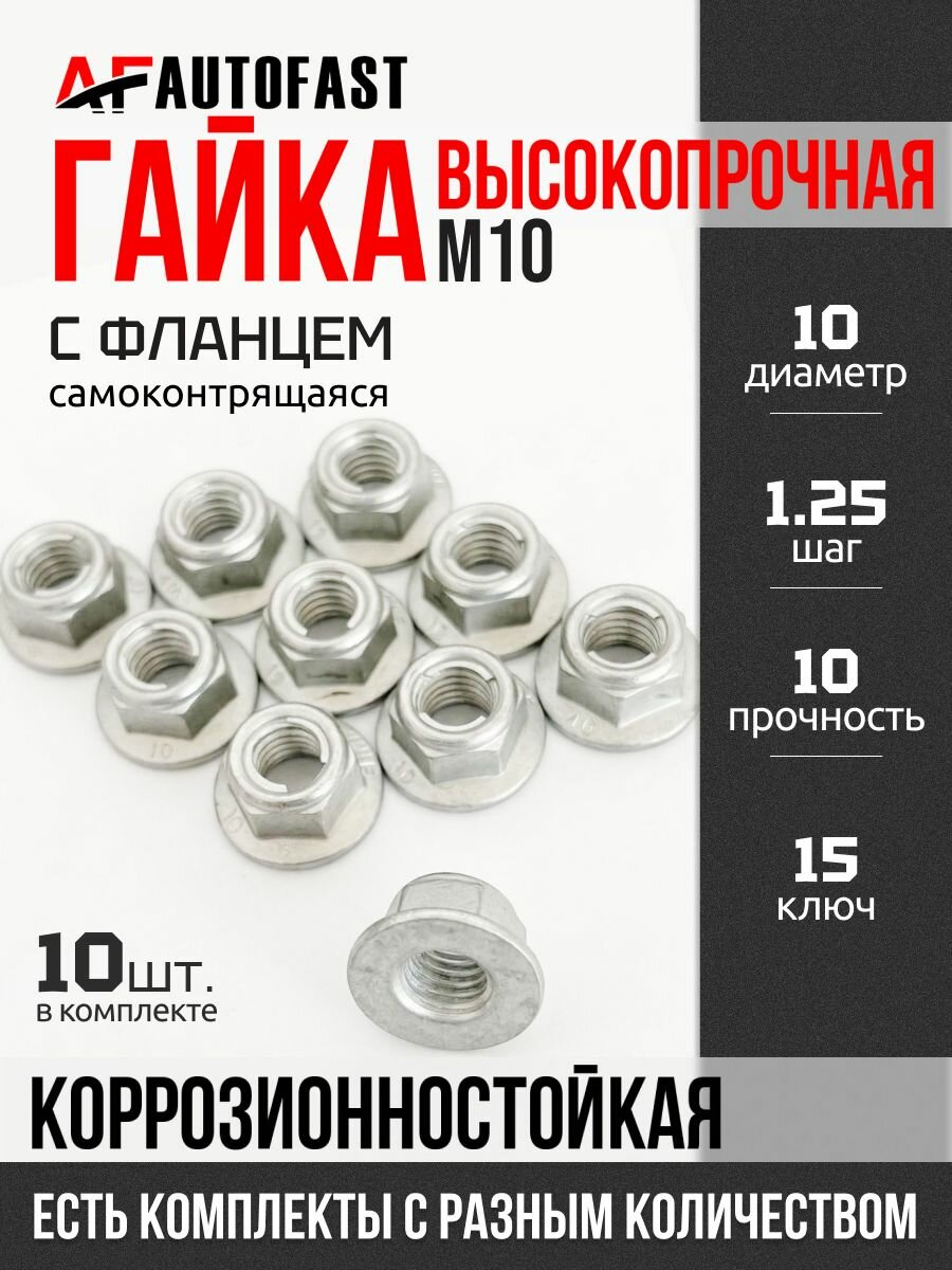 Гайка автомобильная, Гайка крепежная M10 х 1,25, 11 мм, 10 шт.