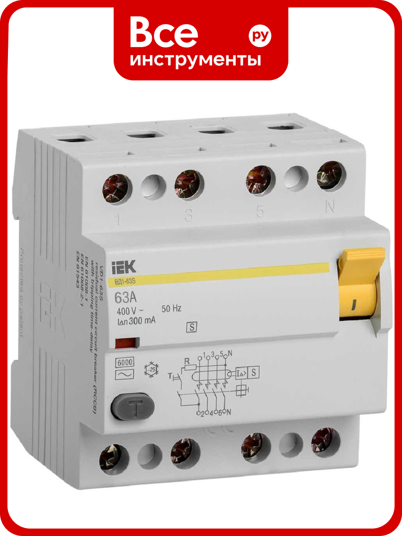 Устройство защитного отключения IEK ВД1-63S 4Р 63А 300мА MDV12-4-063-300, электромеханический тип для защиты