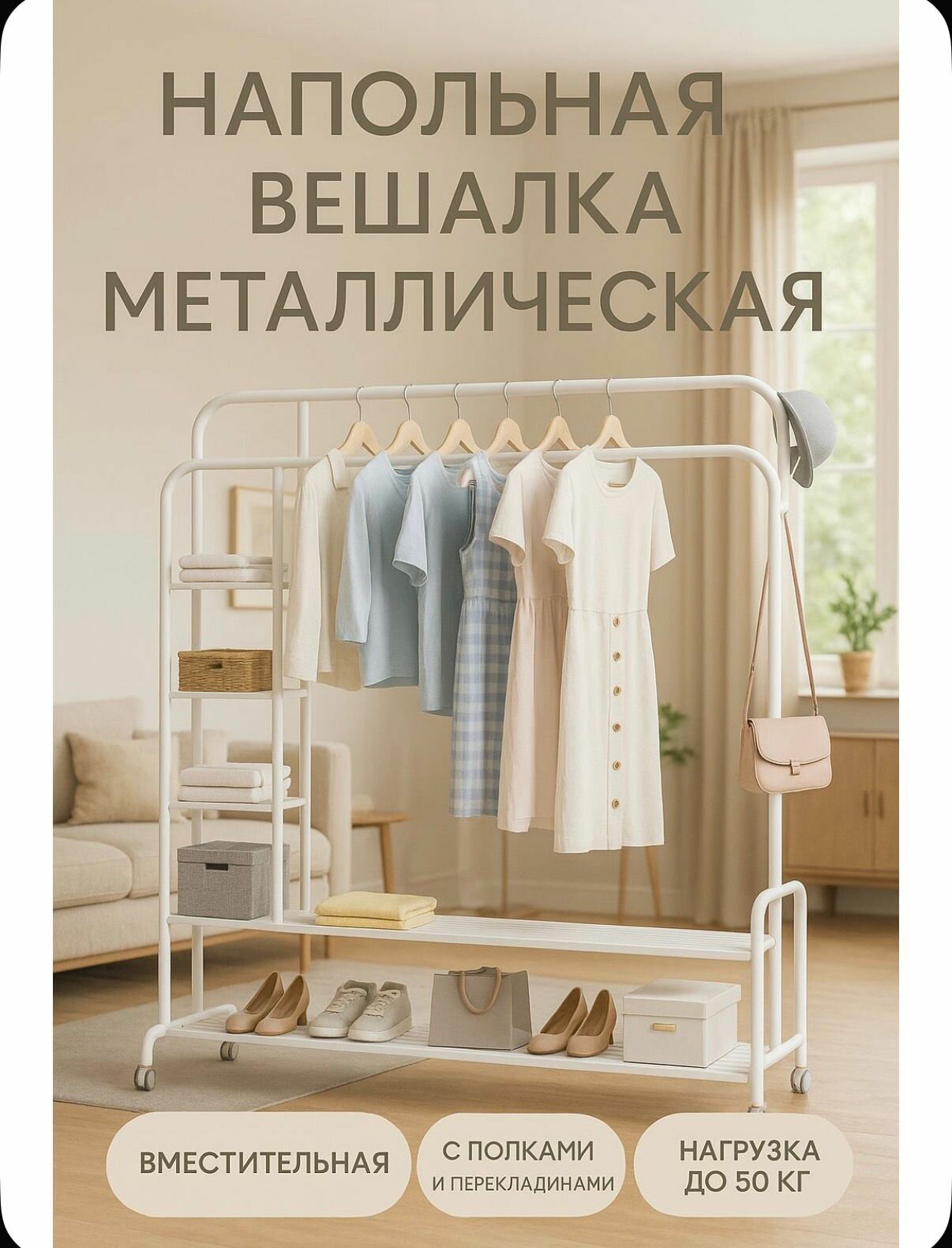 Металлическая вешалка с полками/ Напольная гардеробная система для одежды / Вешалка на колесиках / Белая
