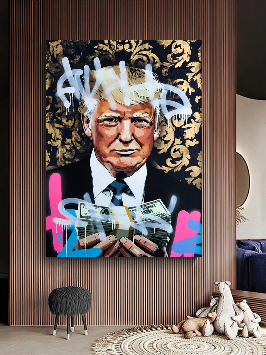 Картина на холсте «Дональд Трамп: портрет известного политика с яркими граффити» для камерной стены, 30×40 см