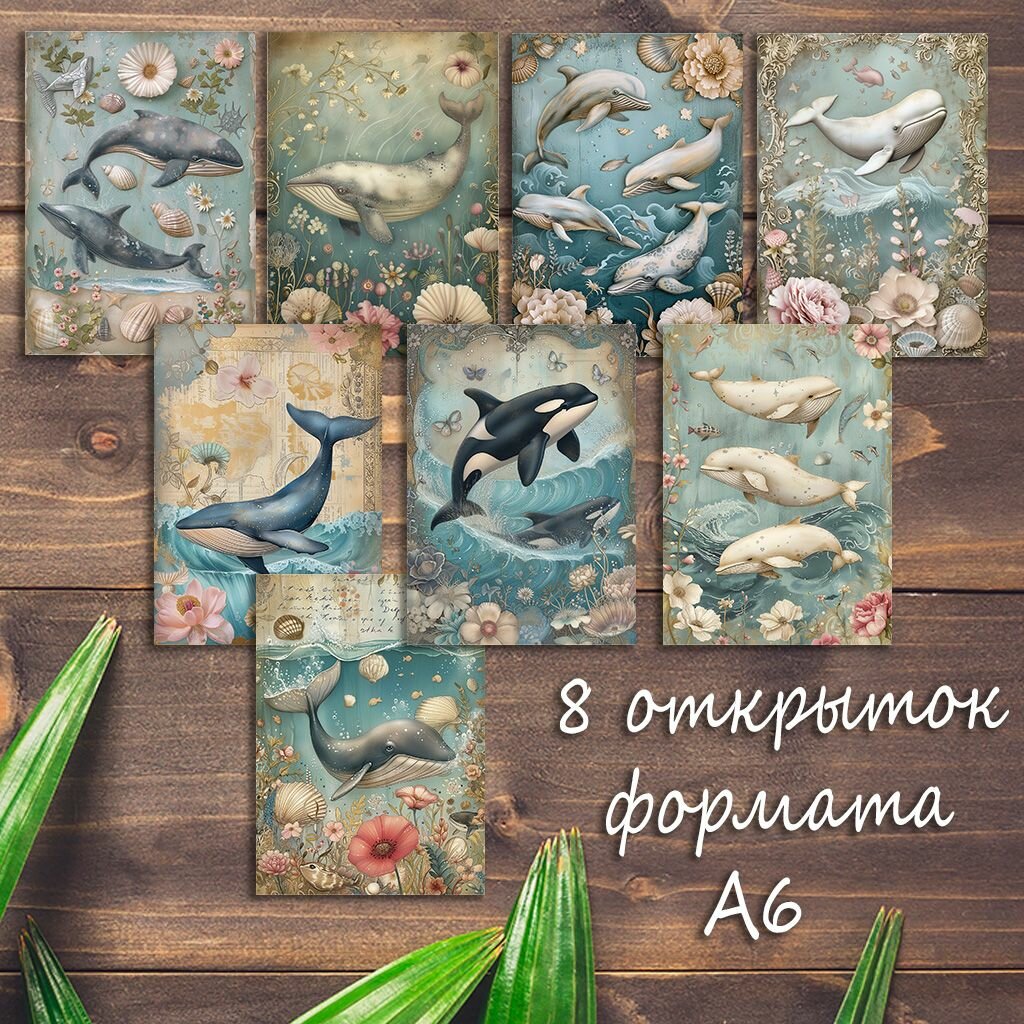 Большой набор открыток Винтаж, Кит, 8 штук