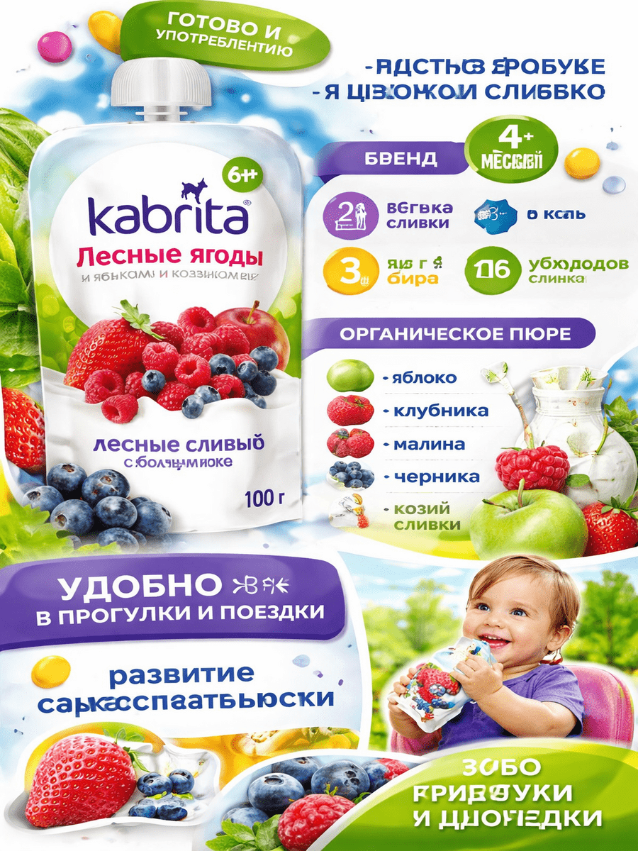 Пюре фруктовое детское Kabrita Лесные ягоды, яблоко и козьи сливки с 6 месяцев, 100г