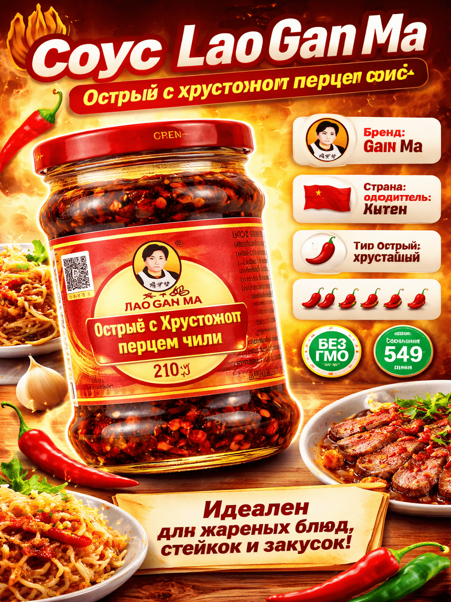 Соус Lao Gan Ma острый с хрустящим перцем чили, 210г