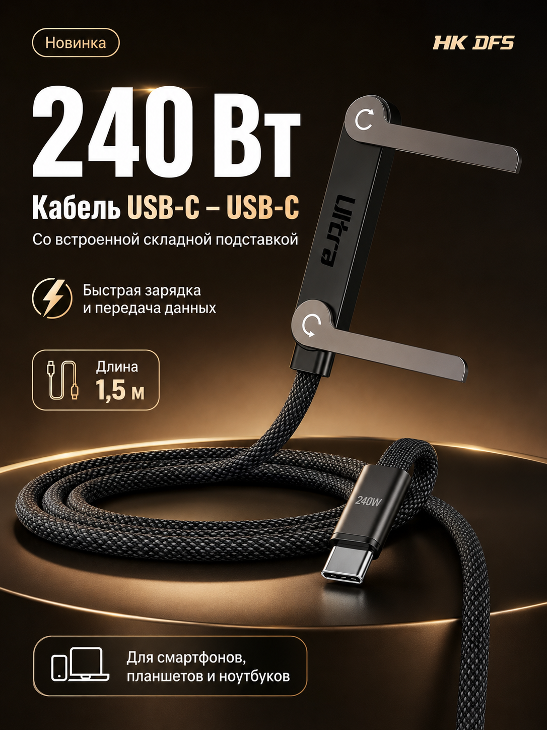 Складной кабель питания 240W 1,5 м для iPhone 15/16/17 Pro и Android