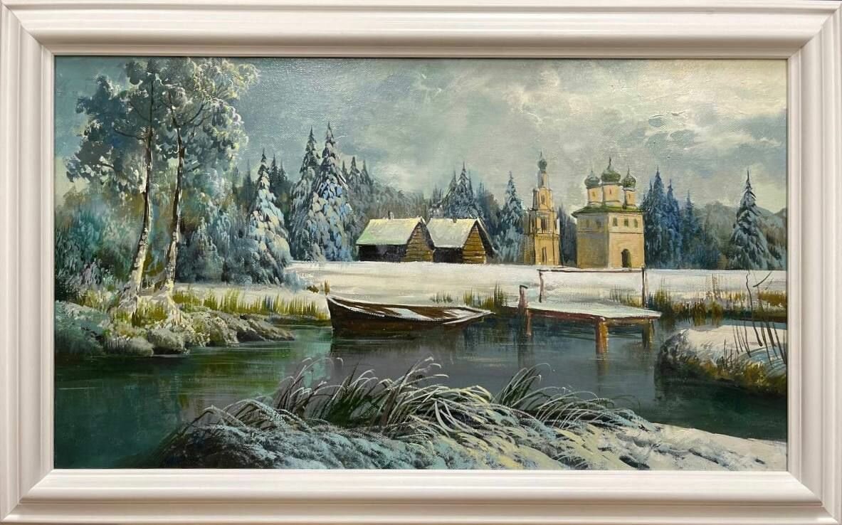 Картина маслом, зимний пейзаж "Зима. Храм у реки". Холст/Масло. Размер 40х70. Автор Боровский А. Ю.