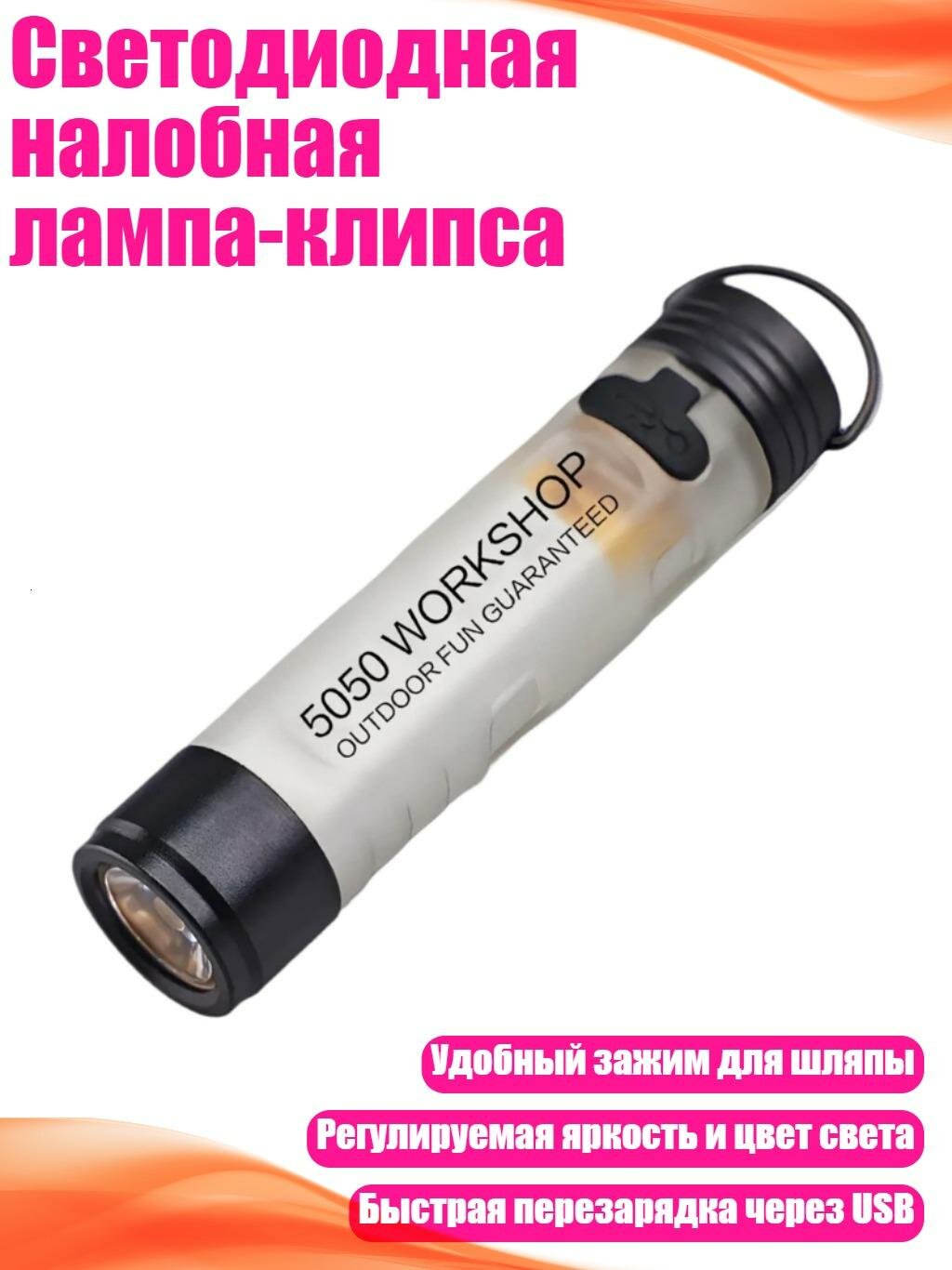 Светодиодная налобная лампа-клипса, прозрачный