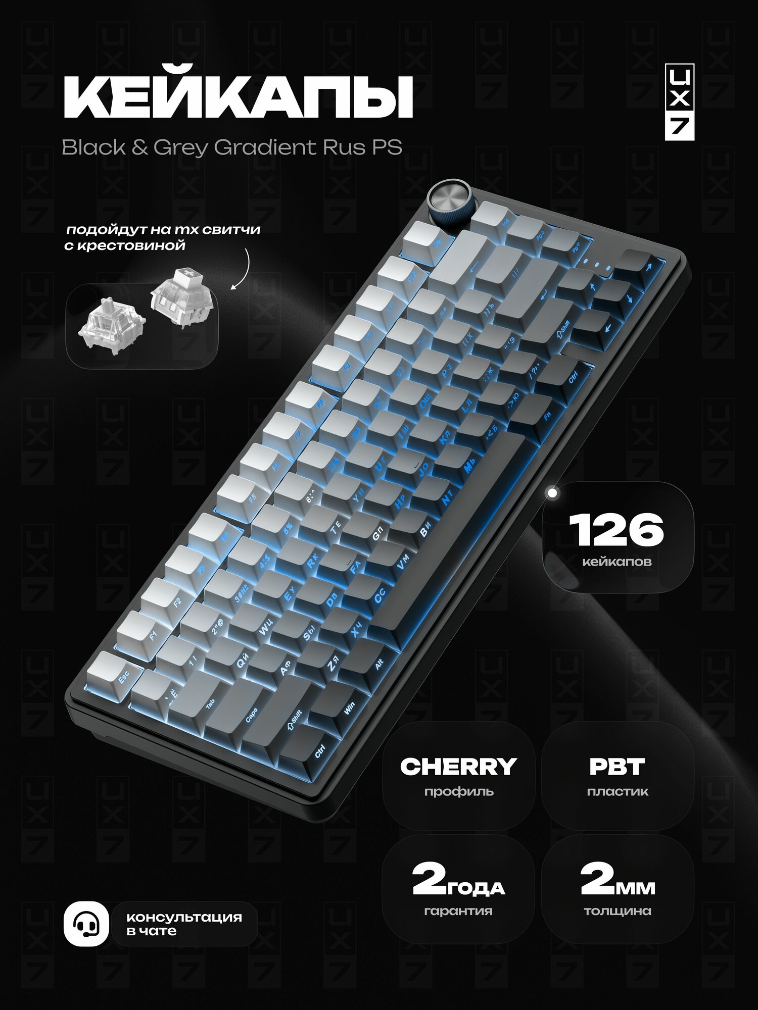 Кейкапы для механической клавиатуры русские Furycube Black & Grey Gradient Rus PS, 126 шт, профиль Cherry, PBT, кириллица, градиент