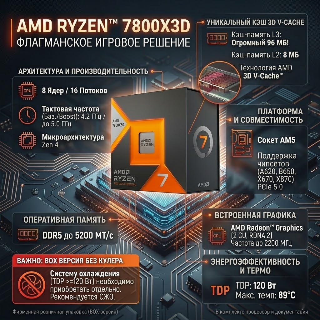 Процессор AMD Ryzen 7 7800X3D AM5, 8 x 4200 МГц, BOX(без кулера)
