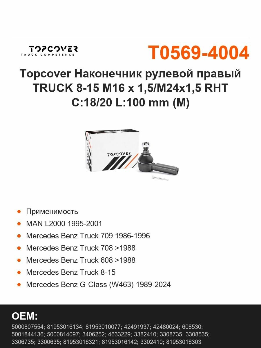 Topcover Наконечник рулевой правый TRUCK 8-15 M16 x 1,5/M24x1,5 RHT C:18/20 L:100 mm (M)