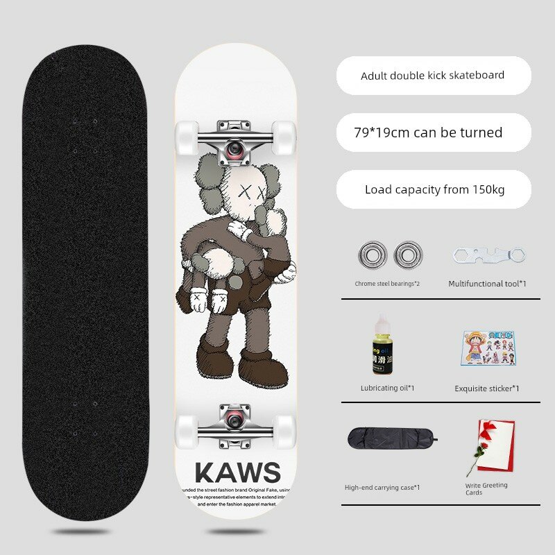 Начальный квадро-скейтборд для девочек 6-12 лет - дизайн 7kaws, 4 колеса, белый