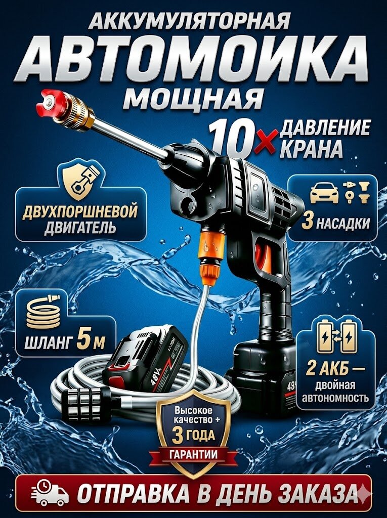 Мойка высокого давления аккумуляторная для автомобиля, Автомойка, в кейсе 2 аккумулятора, 3 насадки