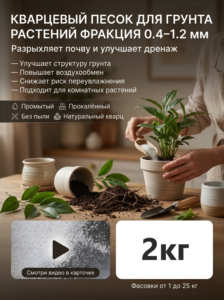 Дренаж для растений 0.4–1.2 мм, кварцевый песок, средняя фракция, добавка в грунт, чистый, без пыли, 2 кг