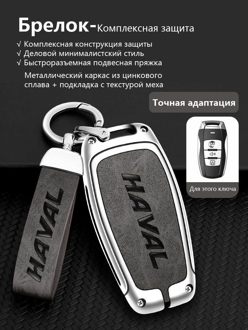 Чехол для ключа Haval (цинк+кожа+TPU, 3/4 кнопки) для Jolion, F7, H6, Dargo, с карабином