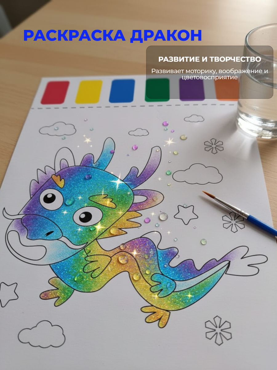 Раскраска «Волшебная Вода. Дракон», акварельная, для детей 2-5 лет, с кисточкой и красками