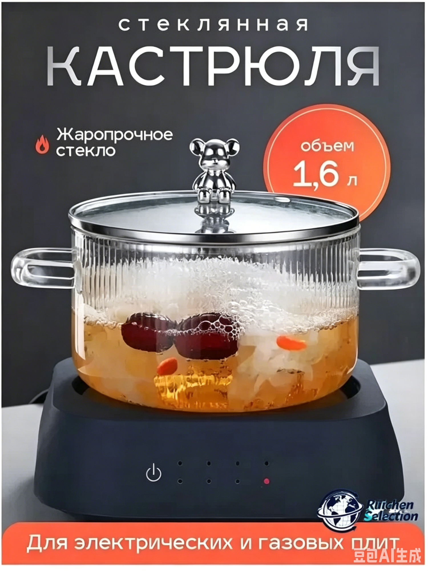 Кастрюля U747, боросиликатное стекло, с крышкой, 1.6л, серебряная