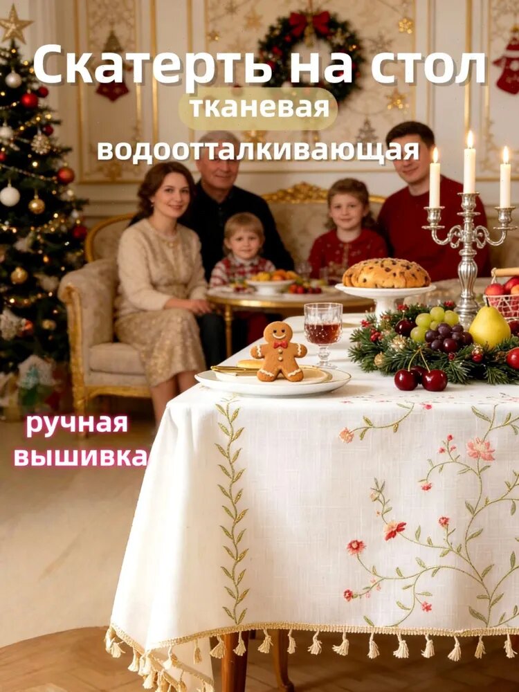 Льняная скатерть с ручной вышивкой 140x240см, водоотталкивающая, плотность 260 г/м², Китай